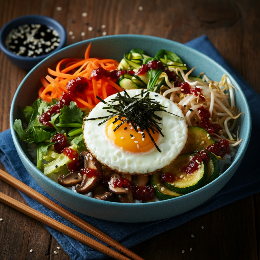 Bibimbap Bowl with Vibrant Vegetables and Korean Gochujang Honey Glaze ...
